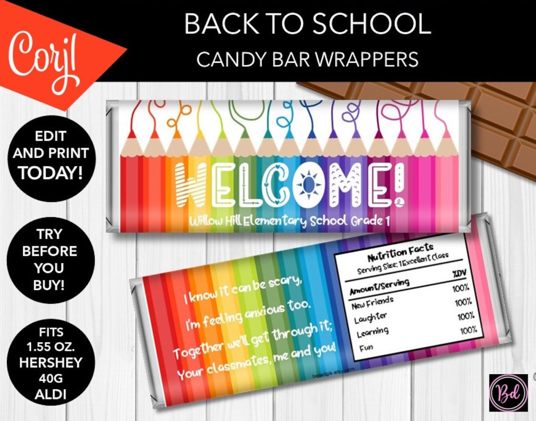 EDITABLE Welcome Back to School Treats Pencil Personalized Candy Bar ...