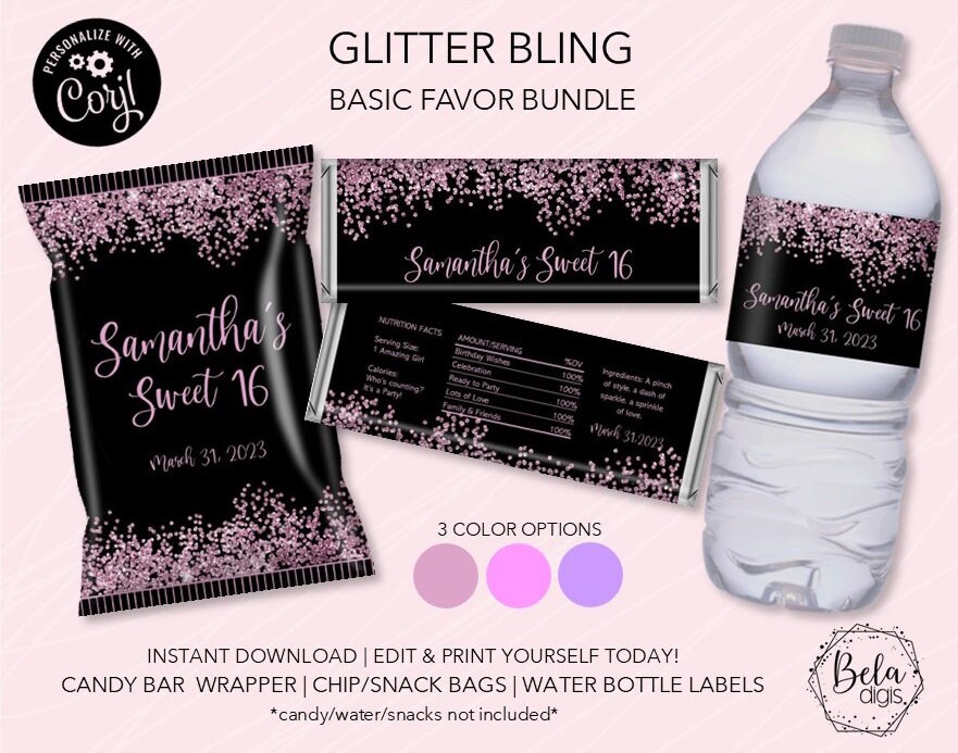 EDITABLE Shimmery Bling Sweet 16 Sixteen Party Favor Bundle Candy Bar ...
