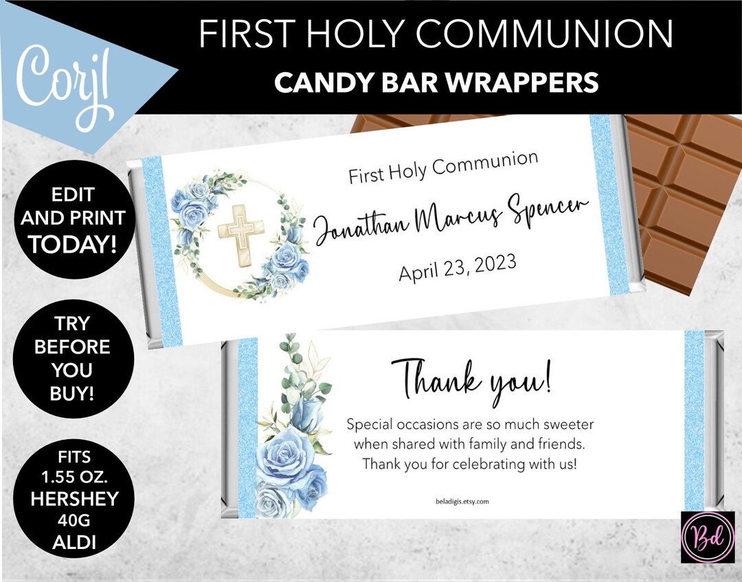 Digital Blue Roses First Communion Candy Bar Wrapper Personalized ...
