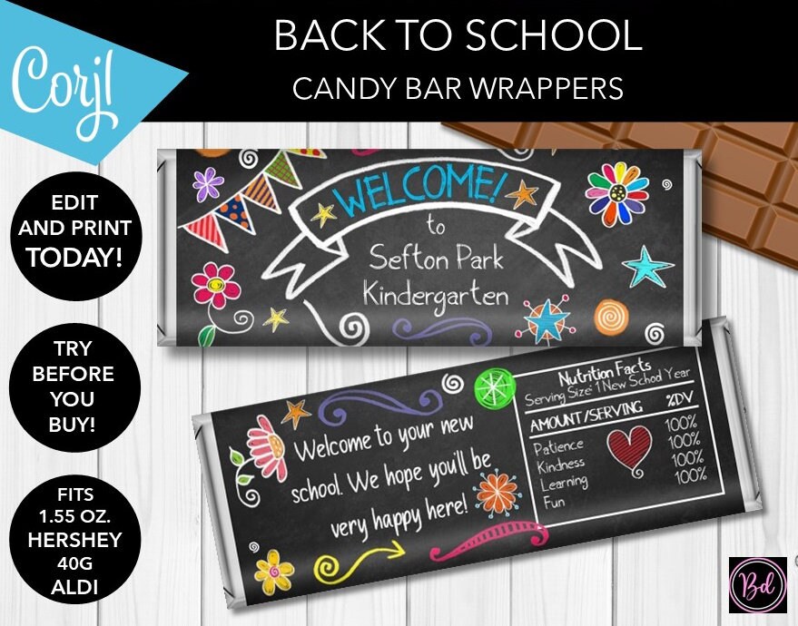 EDITABLE Back to School Treats Chalkboard Doodle Personalized Candy Bar ...