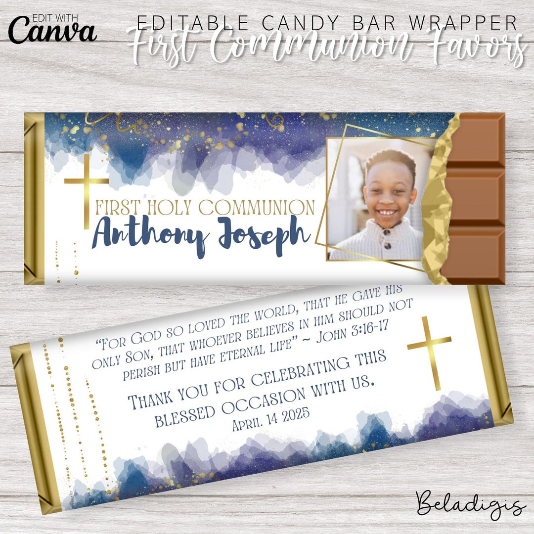 First Communion Candy Bar Wrappers: Photo Template (canva, Digital ...