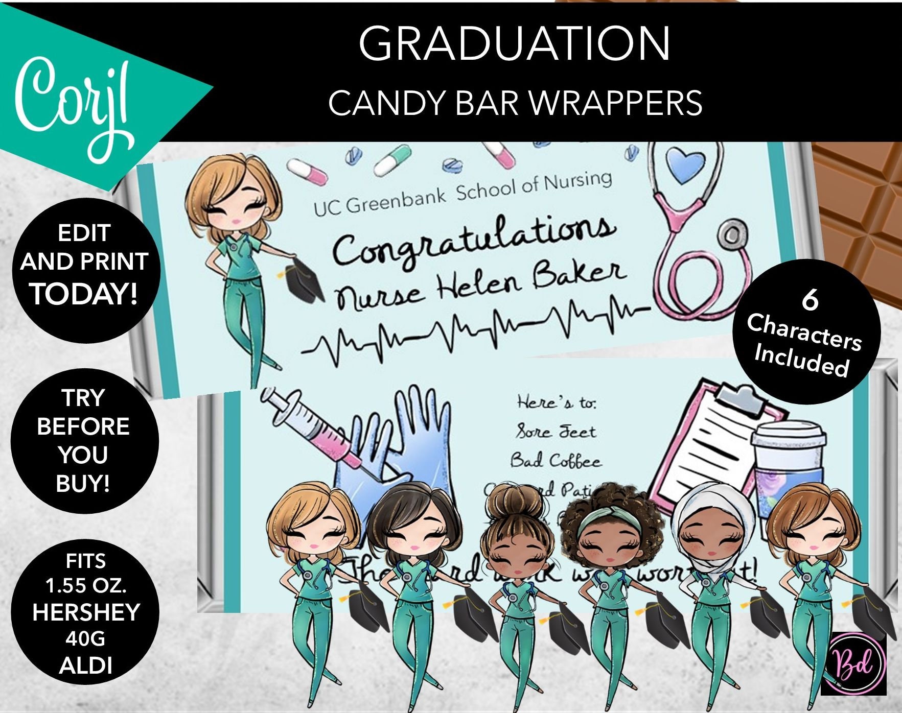 Editable Nursing School Graduation Candy Bar Wrappers Personalized ...