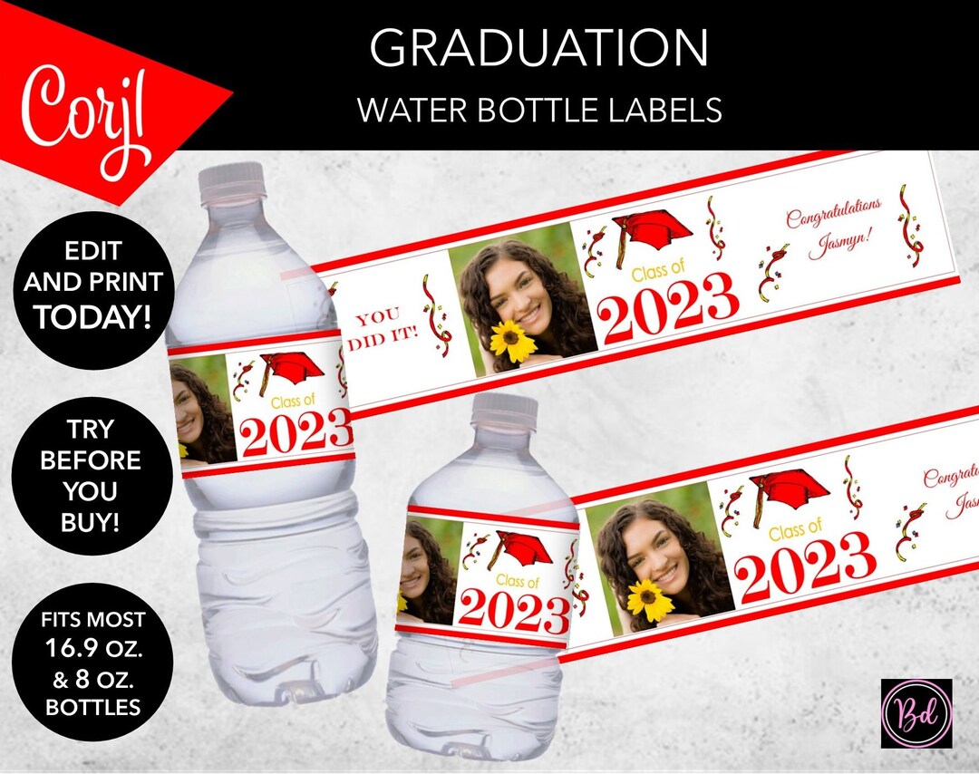 Editable Photo Red Cap Graduation Custom Water Bottle Labels ...