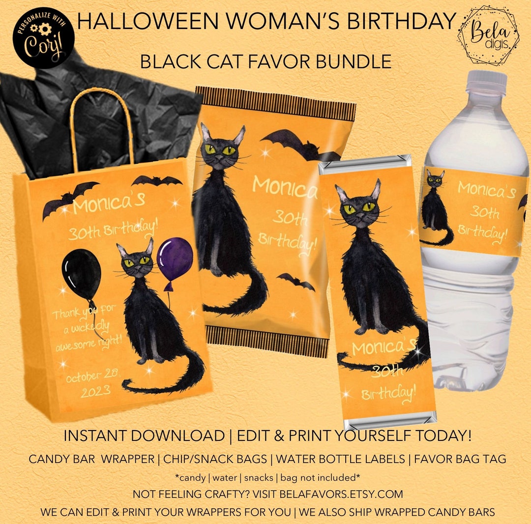 Editable Halloween Favors Cat Party Bundle Kit Woman's Birthday ...