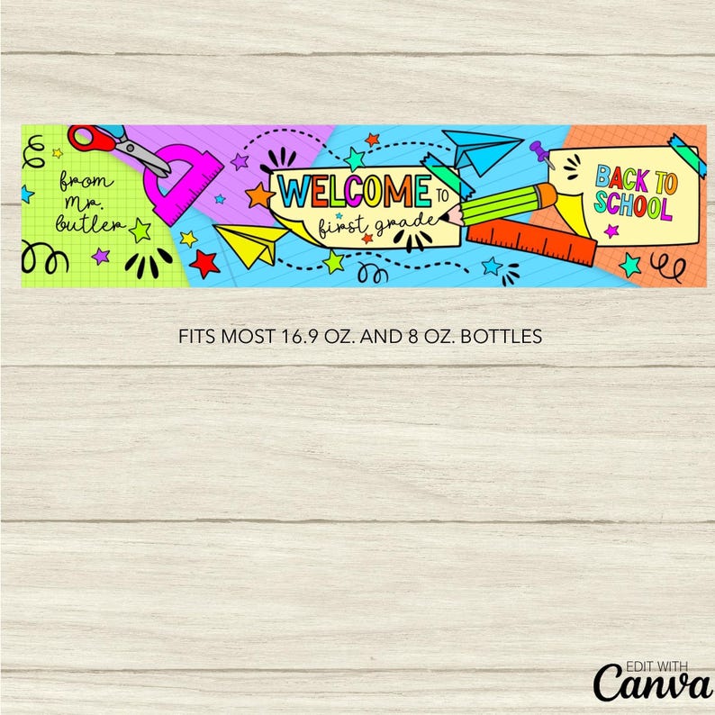 Editable Neon Doodle Back to School Water Bottle Label (digital ...