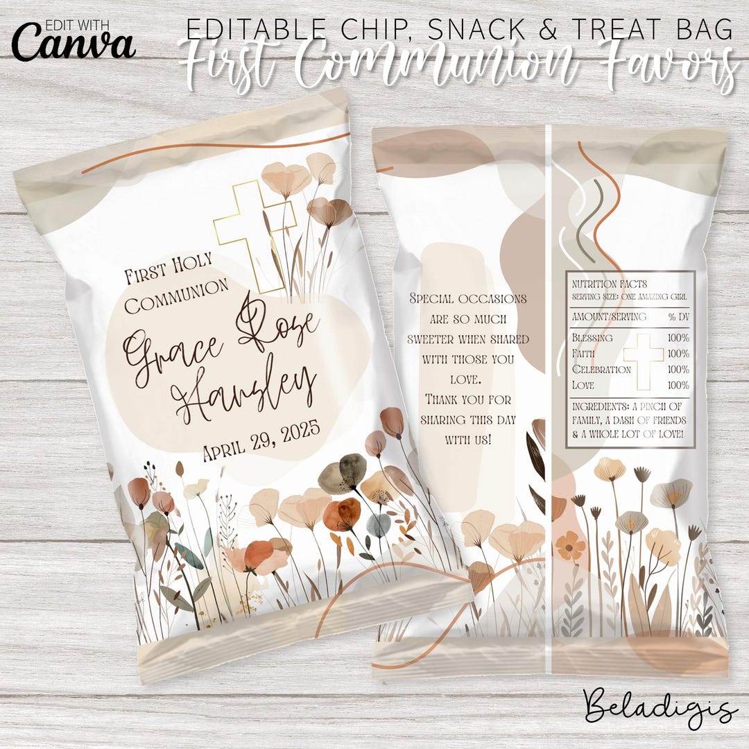 Editable Floral First Holy Communion Chip & Snack Bags | Personalized ...