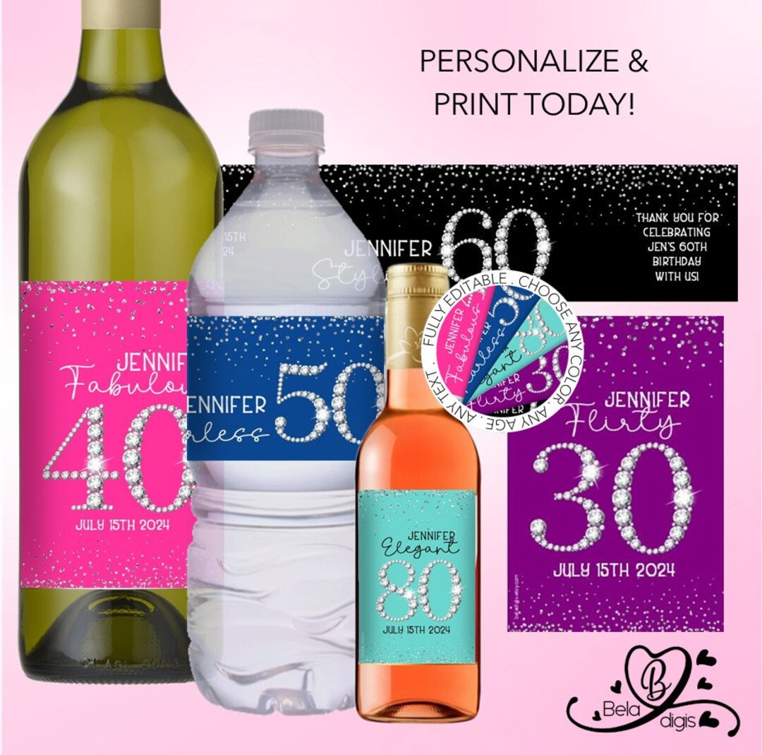 Diamond Bling Women's Birthday Drinks Label Custom Water Wraps Wine ...