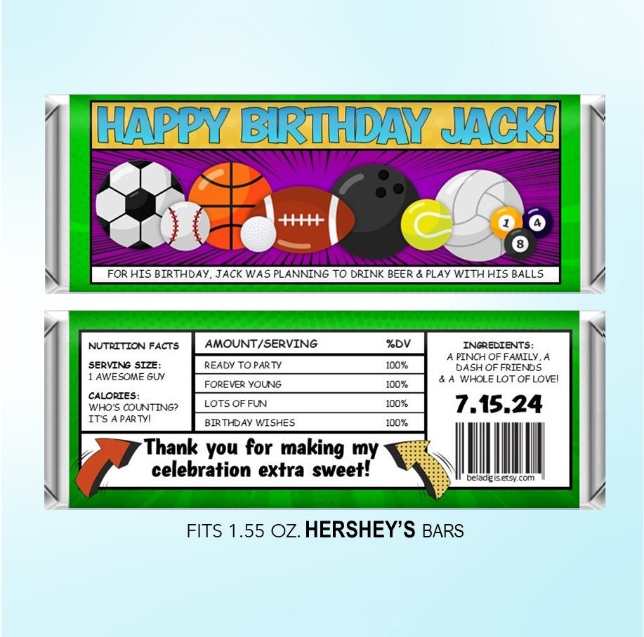 Sports Balls Men's Birthday Candy Bar Wrappers Personalized Custom ...
