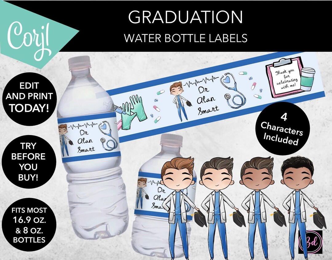 Editable Medical School Graduation Custom Water Bottle Labels ...