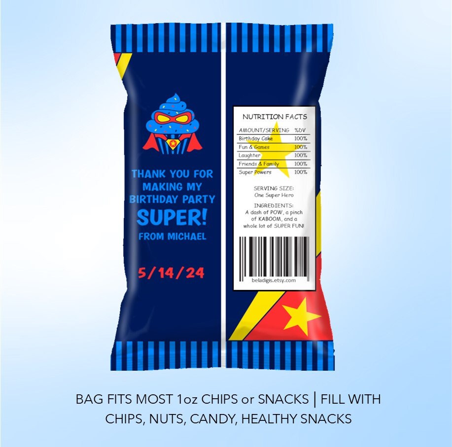 Super Hero Boy's Birthday Chip Bags Personalized Snack Bags Party ...