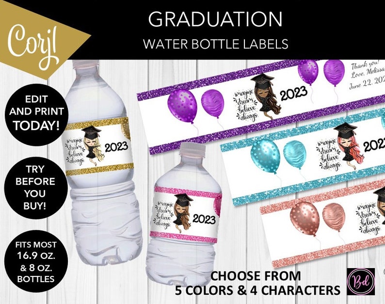 Editable Graduation Water Bottle Labels 5 Colors and 4 Characters ...