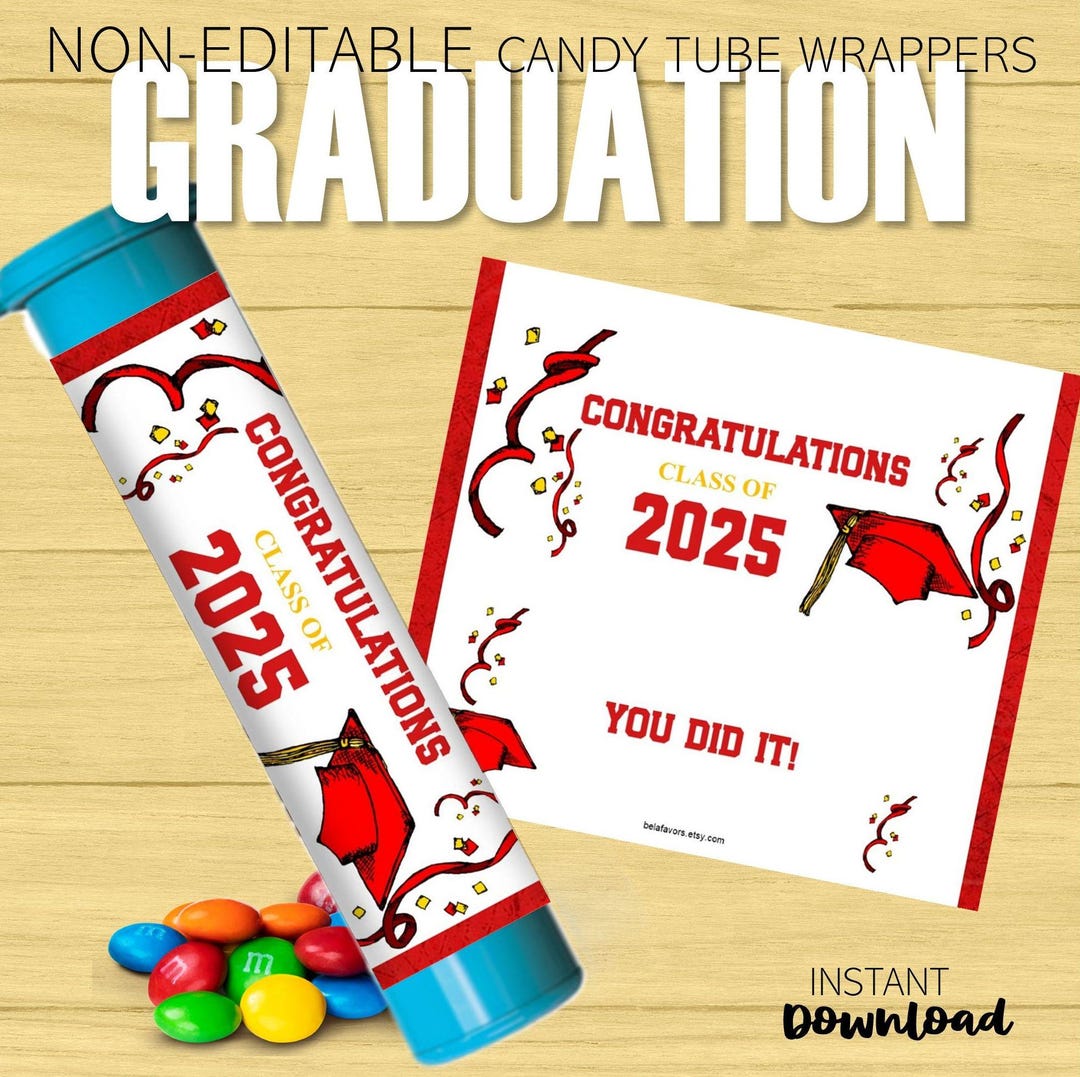 Non-editable Red Cap Graduation M&M Tube Candy Wrappers | Graduation ...
