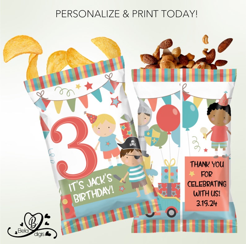 Costume Party Boy's Birthday Chip Bags Personalized Snack Bags Party ...
