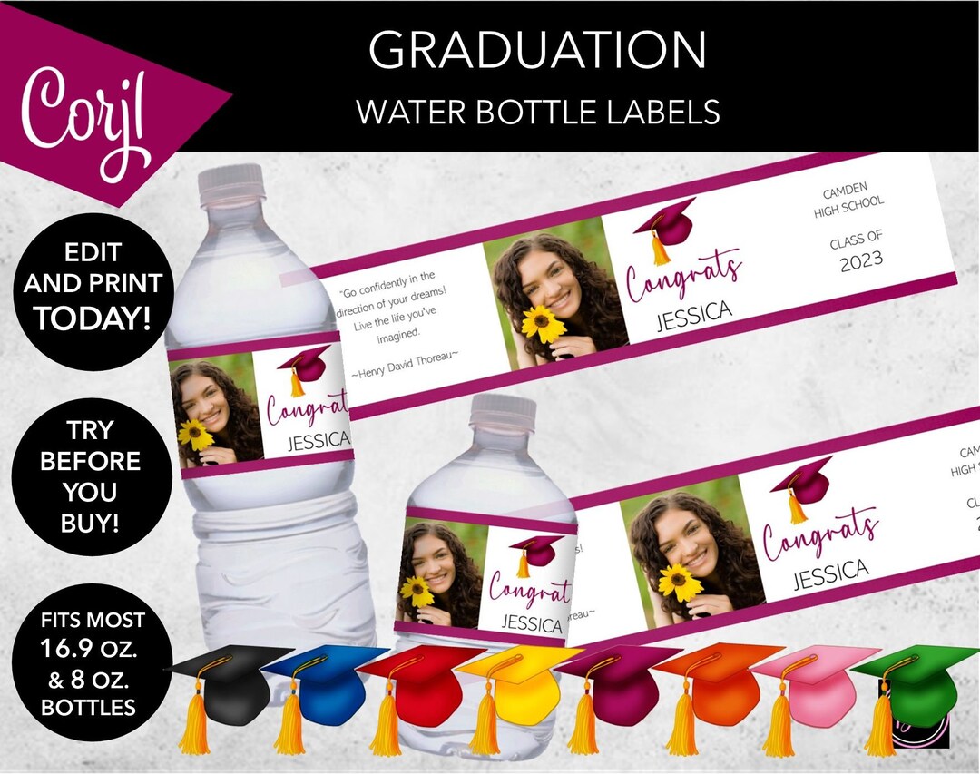 Editable Photo Graduation Custom Water Bottle Labels Graduation Caps ...