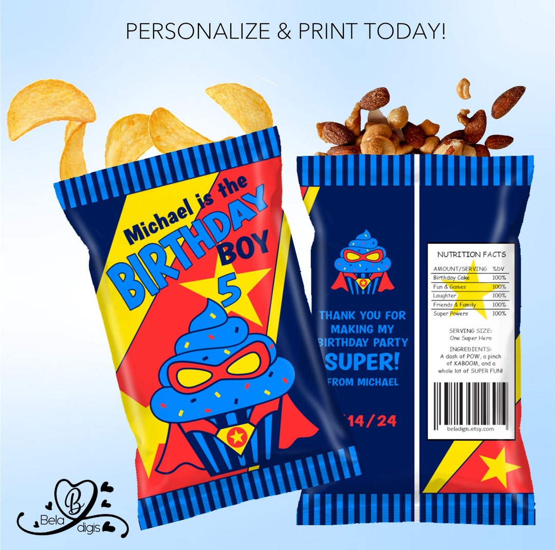 Super Hero Boy's Birthday Chip Bags Personalized Snack Bags Party ...