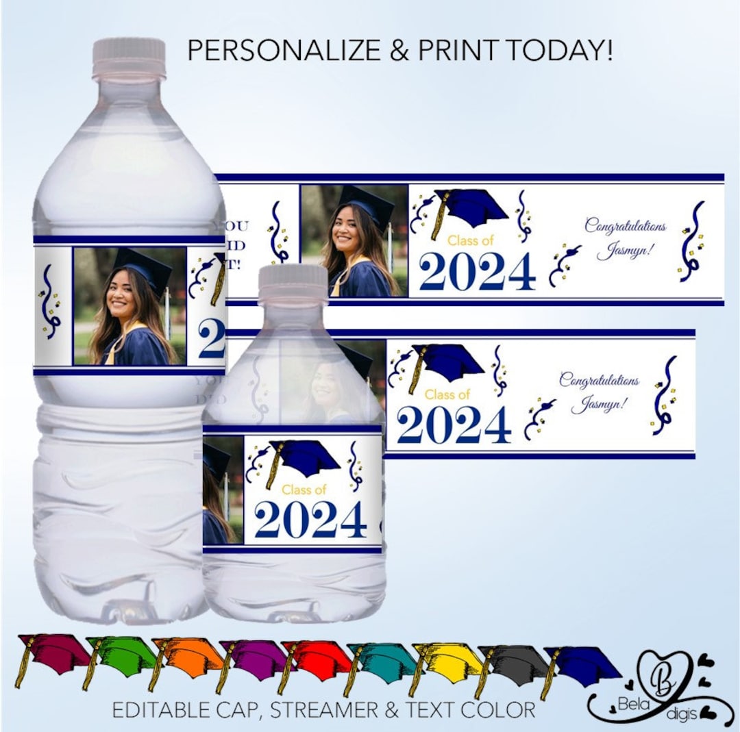 Editable Cap Photo Graduation Custom Water Bottle Labels Personalized ...