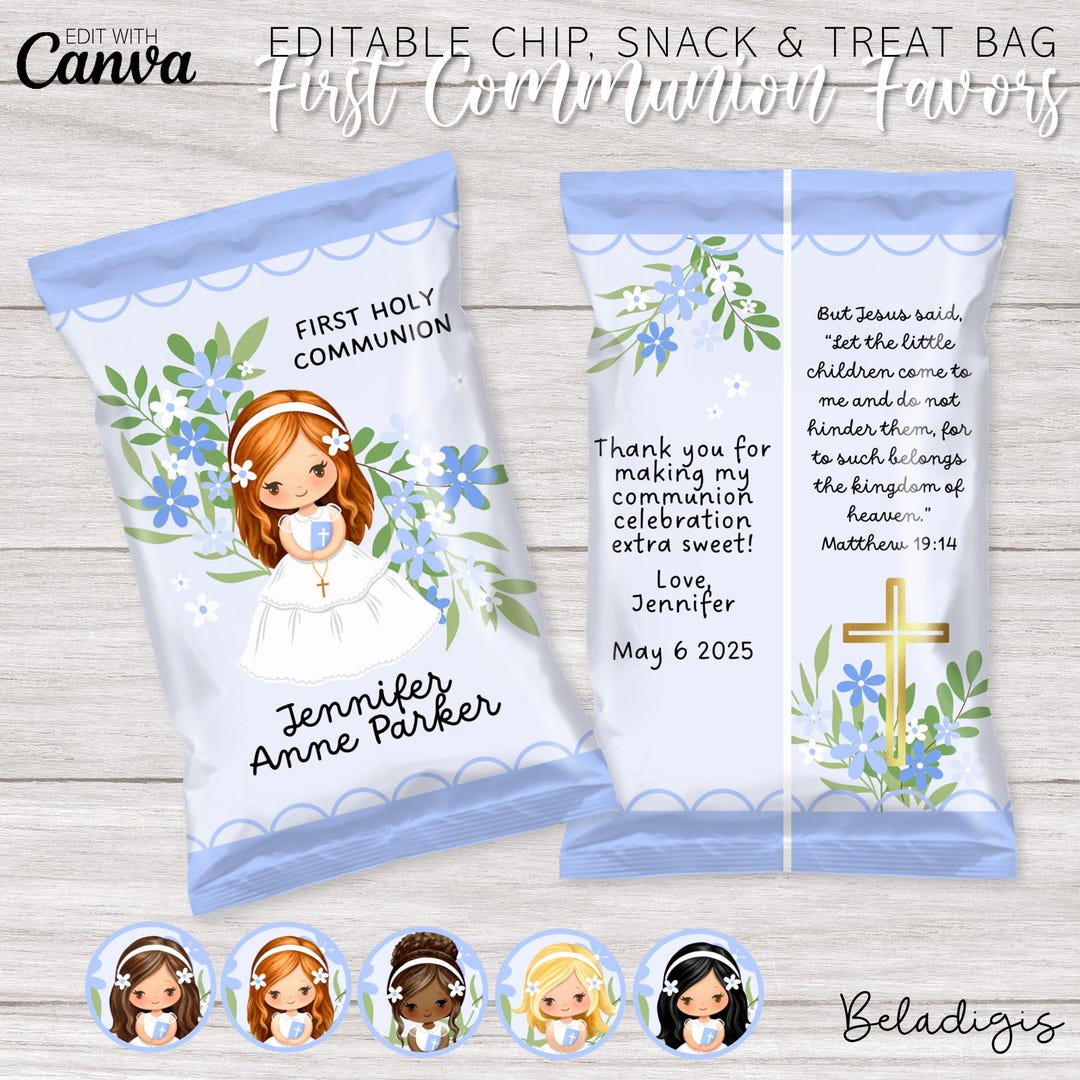 Editable Girl Floral First Holy Communion Chip & Snack Bags ...