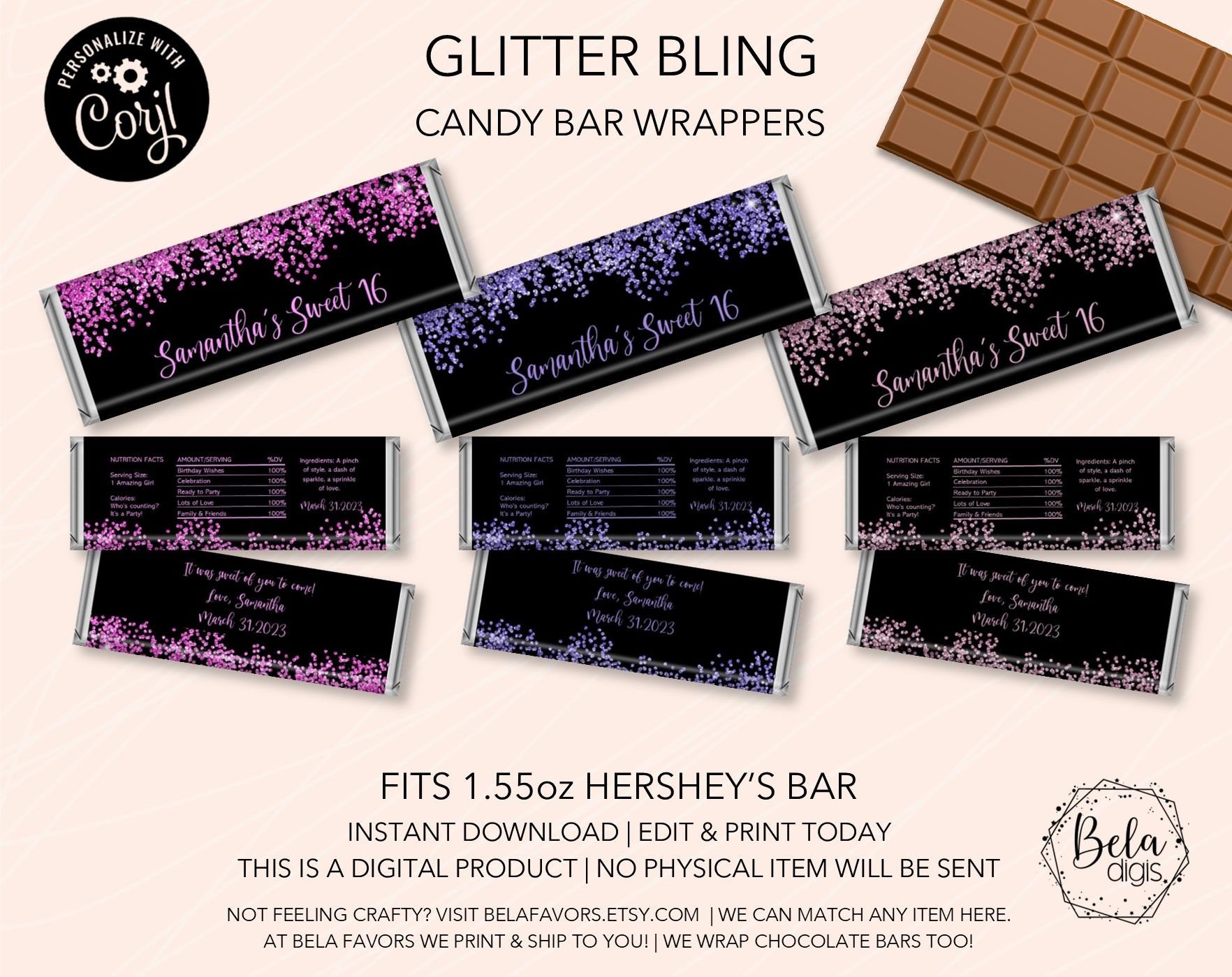 EDITABLE Shimmery Bling Sweet 16 Sixteen Party Favor Bundle Candy Bar ...