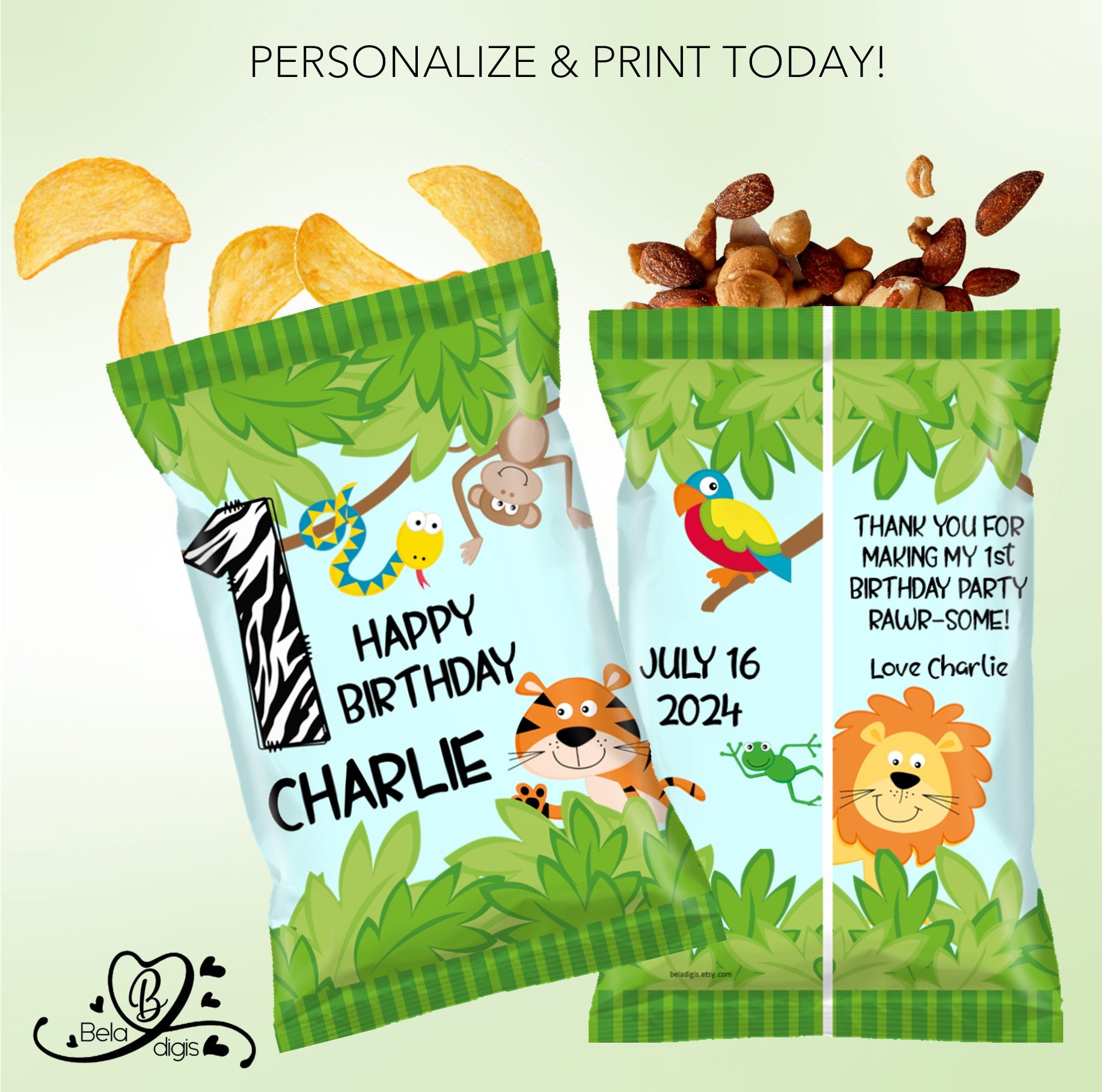 Jungle Safari Boy's Birthday Chip Bags Personalized Snack Bags Party ...
