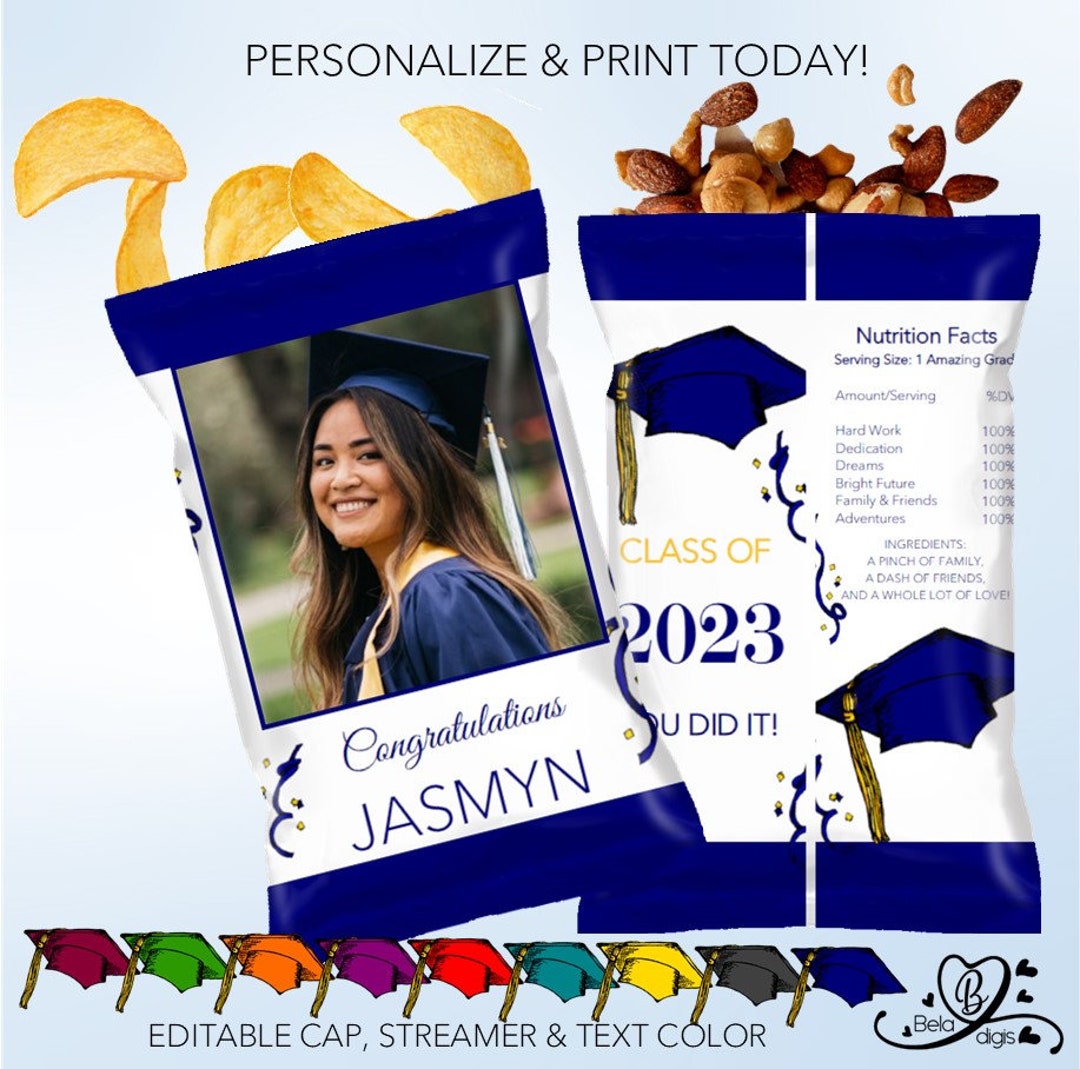 EDITABLE Cap Photo Graduation Chip Bags Personalized Snack Bag Favor ...
