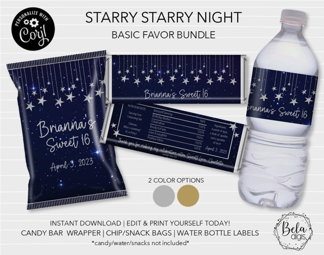 EDITABLE Starry Night Sweet 16 Sixteen Party Favor Bundle Candy Bar ...