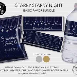 EDITABLE Starry Night Sweet 16 Sixteen Party Favor Bundle Candy Bar ...