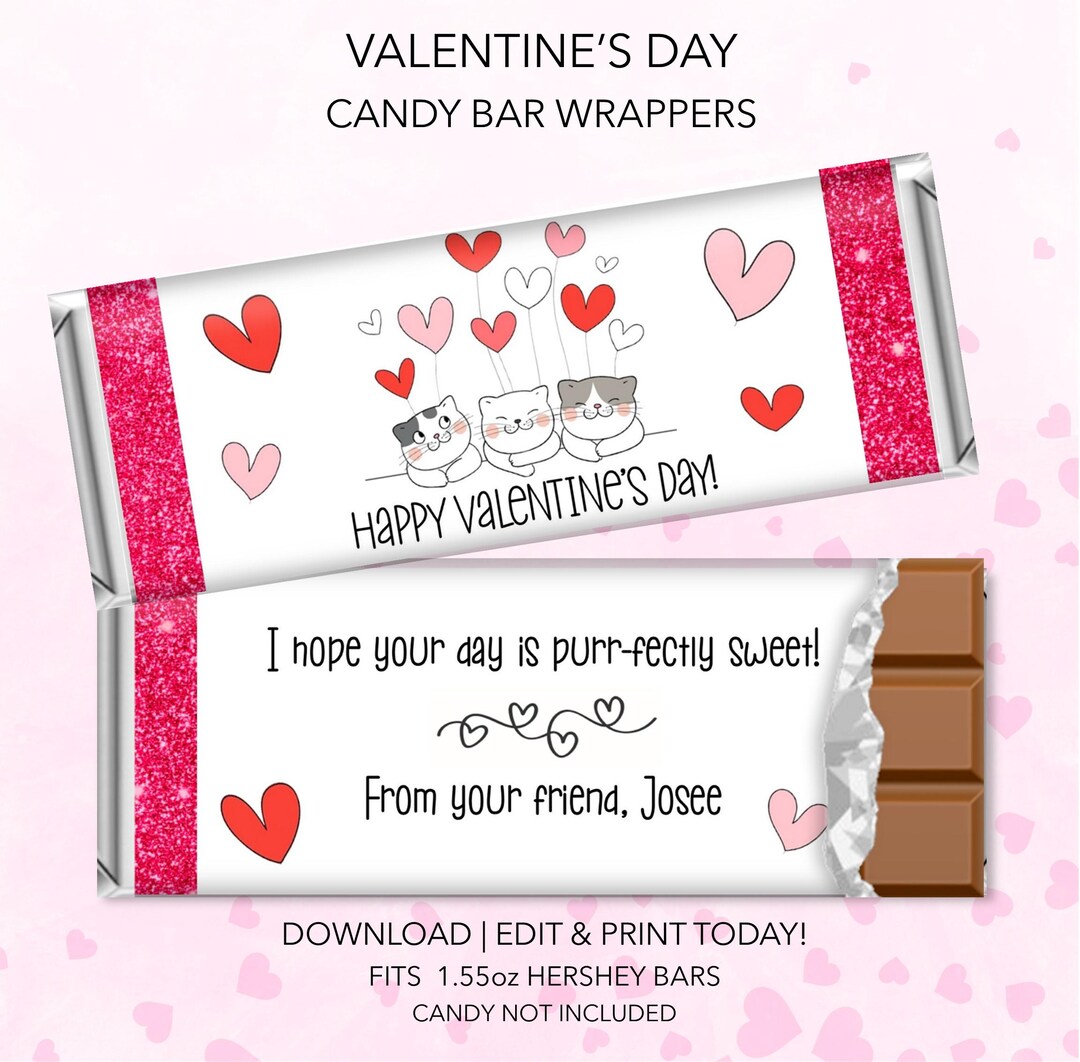 Printable Valentine's Day Candy Bar Wrappers Kitten Design Editable ...