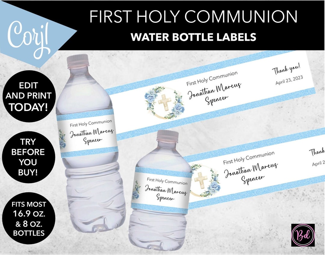 Digital Blue Roses First Holy Communion Water Bottle Labels ...