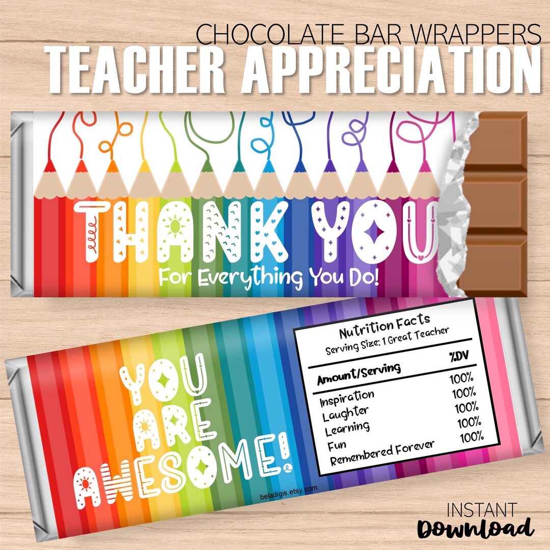 Teacher Appreciation Candy Bar Wrappers | Chocolate Bar Template | End ...