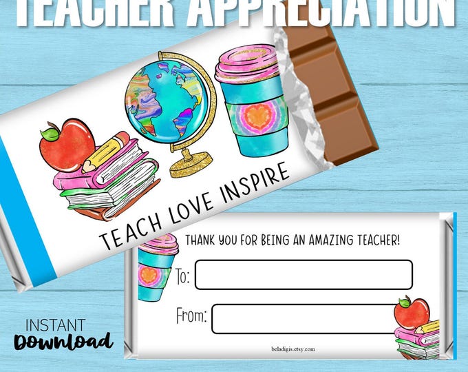 PRINTABLE Thank You Teacher Appreciation Candy Bar Wrappers Instant ...
