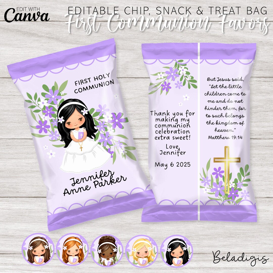 Floral First Holy Communion Treat Bags: Personalized Favors (canva ...