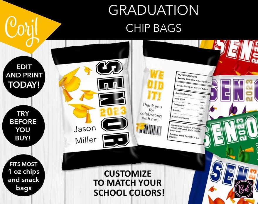 EDITABLE Match Your School Colors Graduation Chip Bags Personalized ...