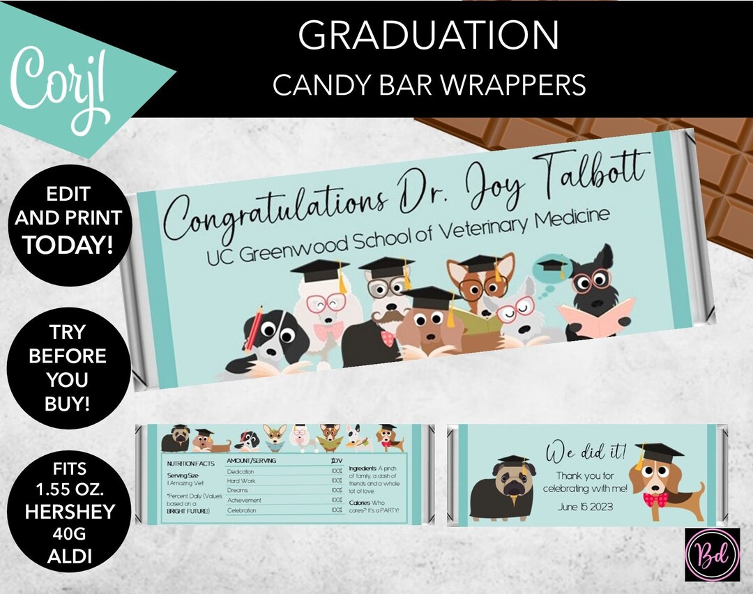 Editable Veterinary School Graduation Candy Bar Wrappers Personalized ...
