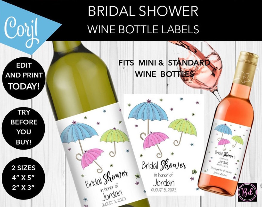 Editable Umbrella Shower Bridal Shower Wedding Wine Bottle Labels ...