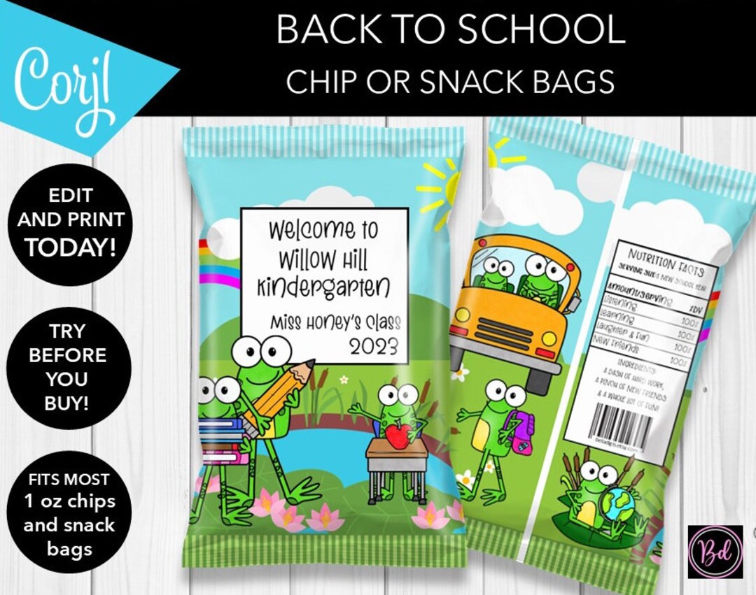 EDITABLE Back to School Frog Bus Chip Bags Snack Bags Fits 1 - Etsy