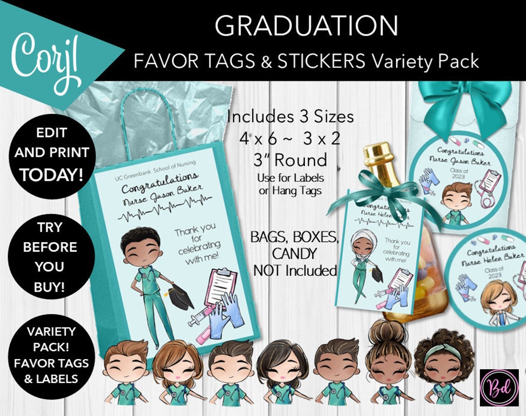 Editable Nursing School Graduation Hang Tags and Labels Favor Tags ...