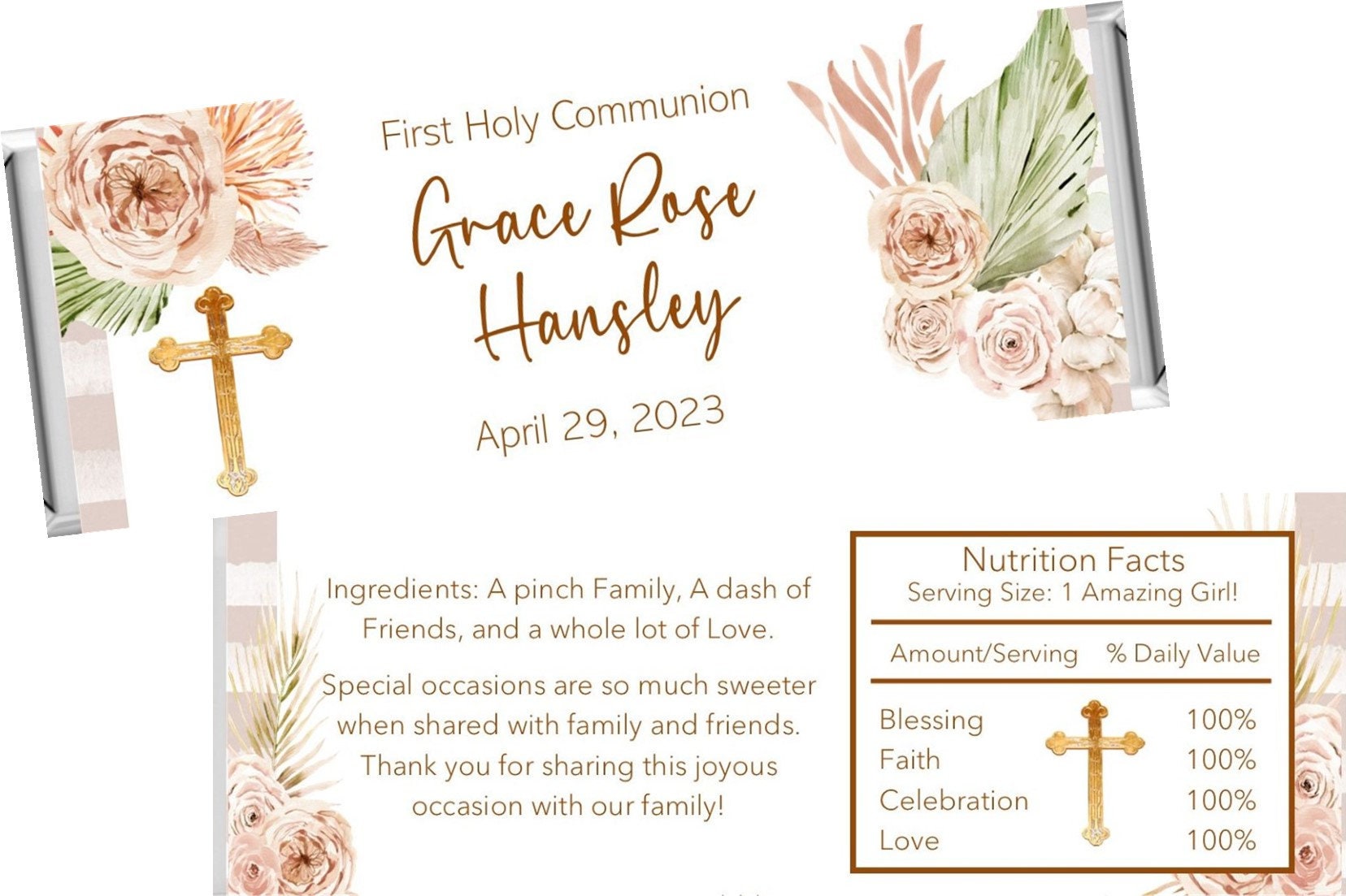 Editable Boho Dried Floral First Communion Candy Bar Wrapper ...