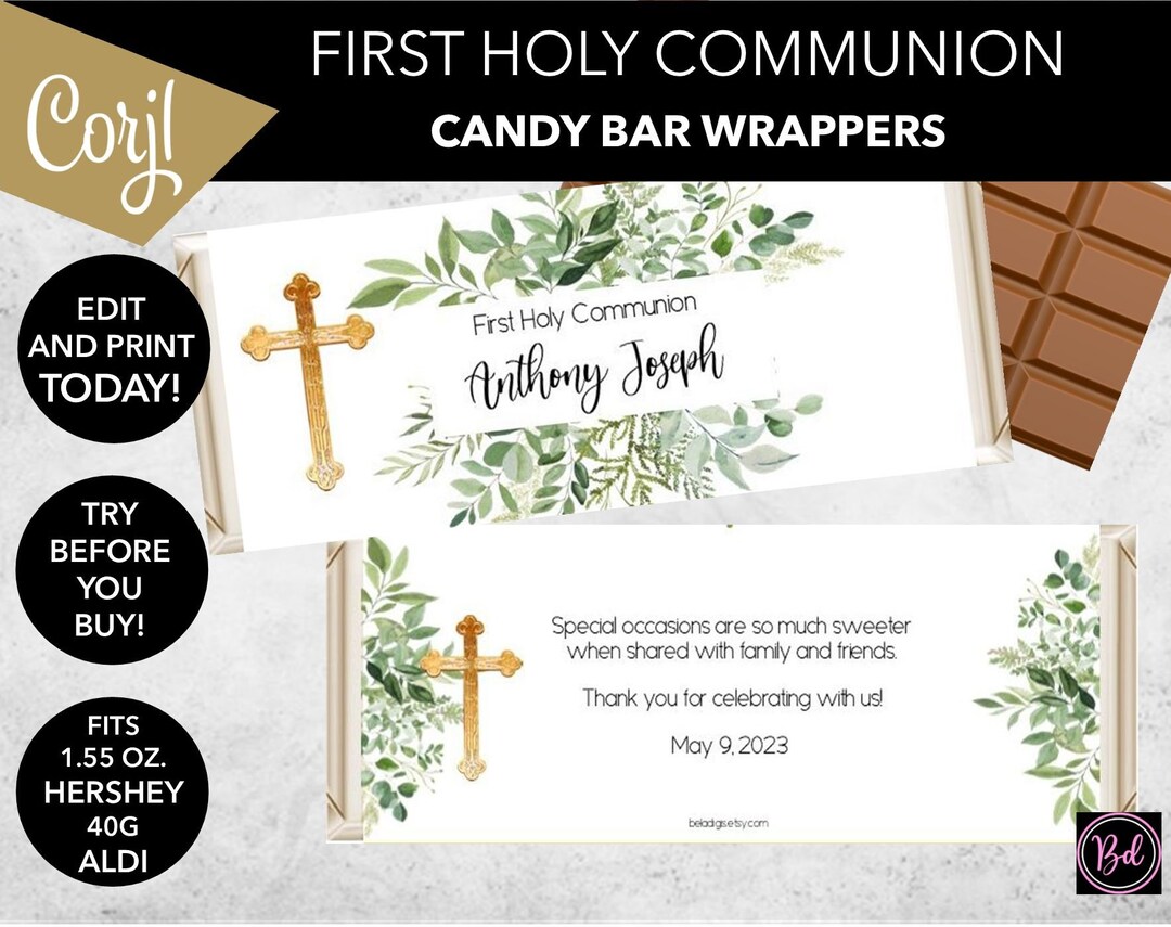 Editable Boho First Holy Communion Candy Bar Wrappers Personalized ...