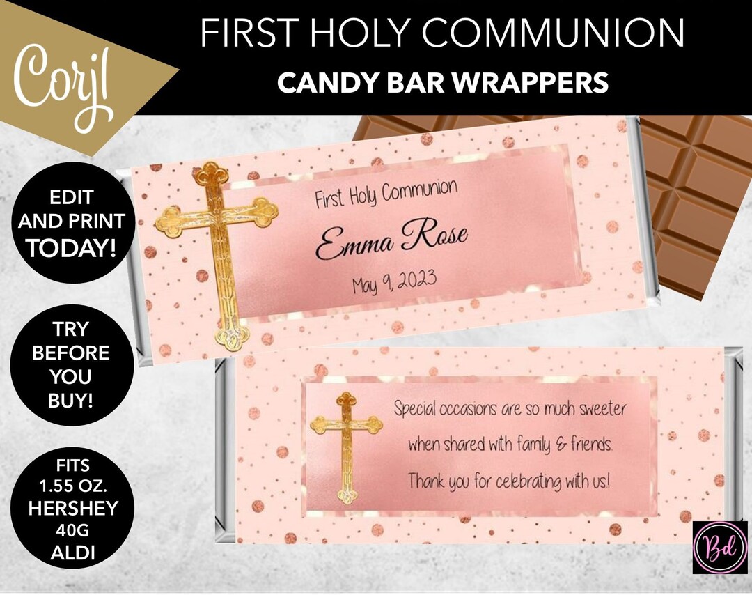 Digital Rose Gold First Holy Communion Candy Bar Wrappers Personalized ...