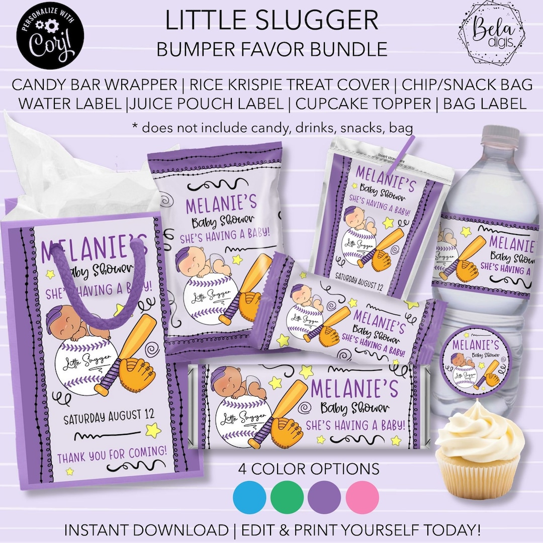 Little Slugger Boy Girl Baby Shower Favor Bundle Wrappers for Candy Bar, Chips, Krispies, Water ...