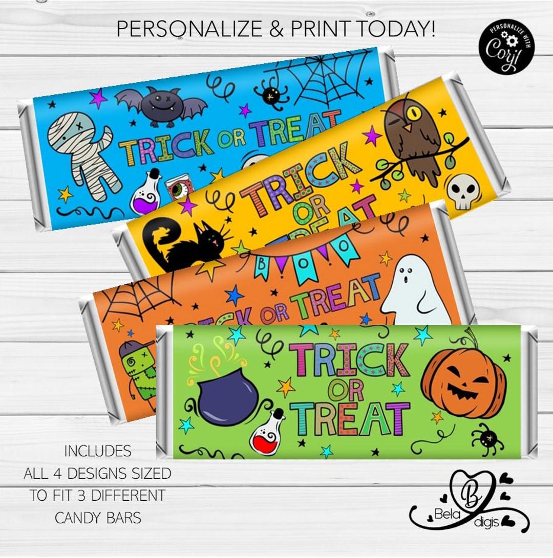 EDITABLE Halloween Doodles Trick or Treat Candy Bar Wrappers 4 Designs ...