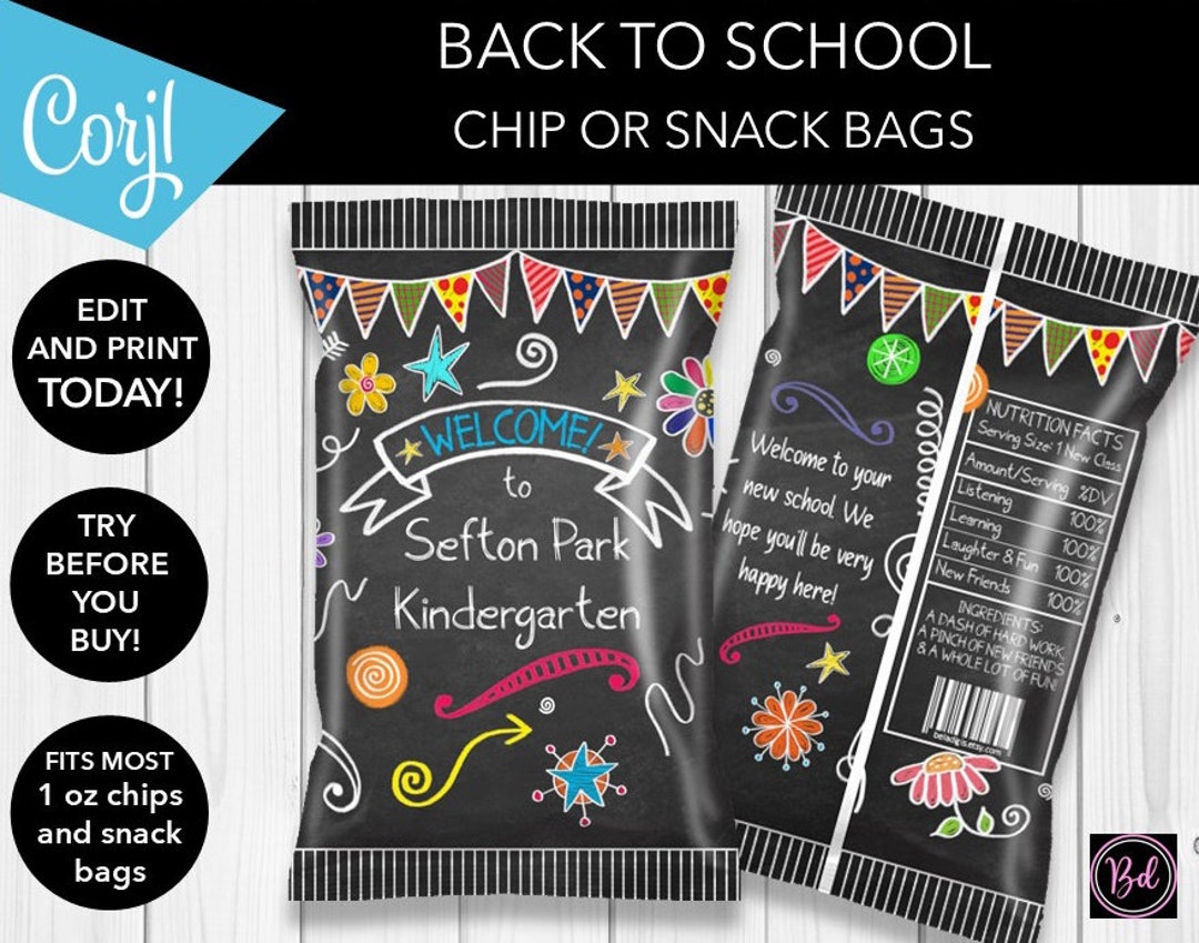 EDITABLE Back to School Chalkboard Doodle Snack Chip Bags Fits 1 Oz ...