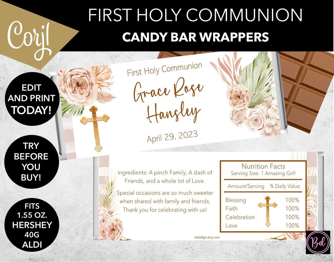 Editable Boho Dried Floral First Communion Candy Bar Wrapper ...