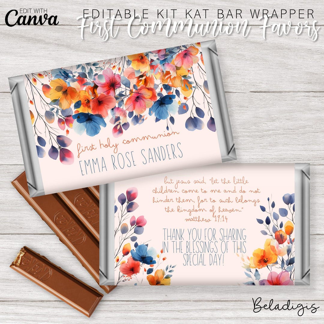 Editable Floral First Communion Kit Kat Wrappers | Personalized ...