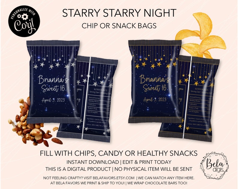 EDITABLE Starry Night Sweet 16 Sixteen Party Favor Bundle Candy Bar ...