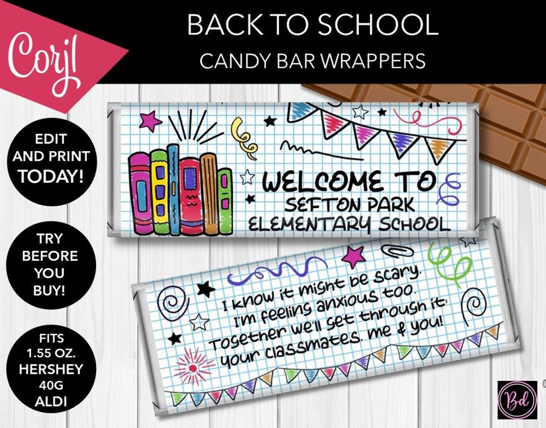 EDITABLE Welcome Back to School Treats Doodle Personalized Candy Bar ...
