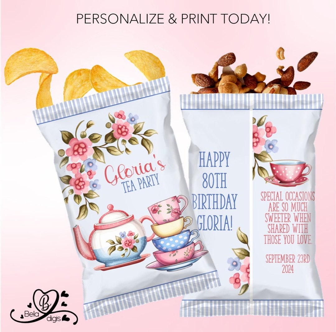 Tea Party Women's Birthday Chip Bags Personalized Snack Bags Party ...