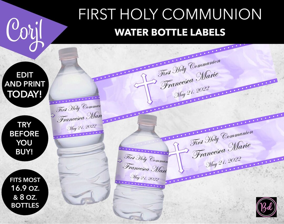 Digital Purple Pink First Holy Communion Water Bottle Labels ...
