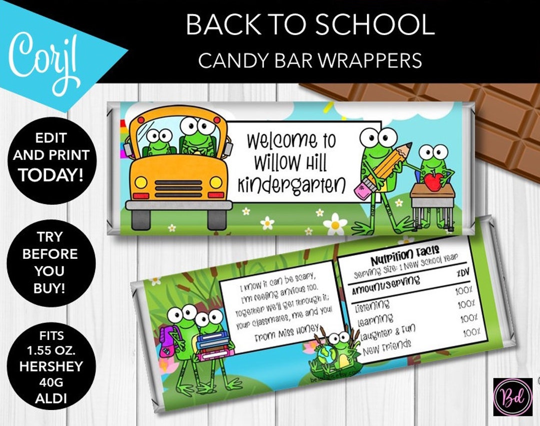 EDITABLE Welcome Back to School Treats Bus Frog Candy Bar Wrappers ...