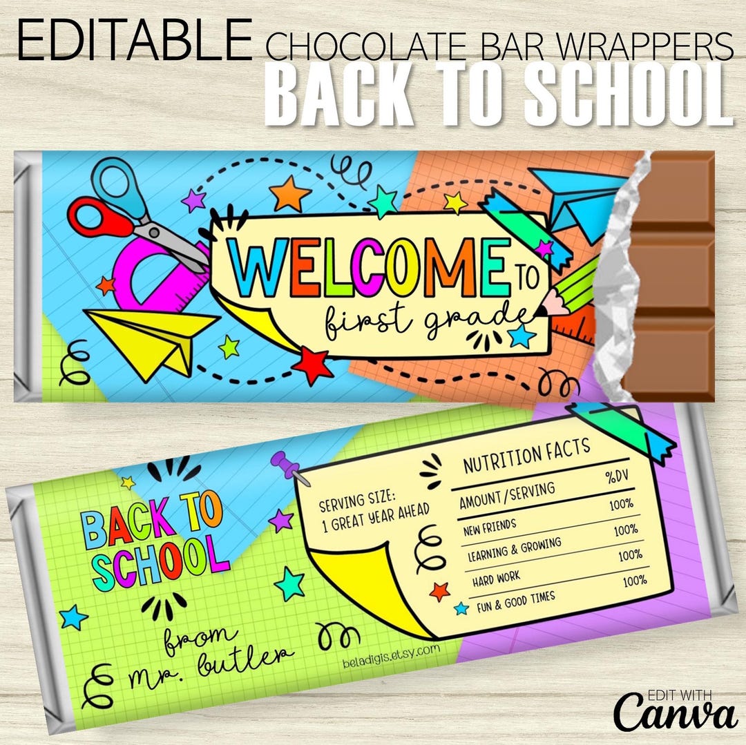 Editable Back to School Candy Wrappers: Neon Doodle Chocolate Bar ...